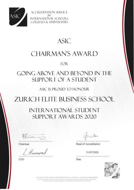 Chairman’s award certificate – ZEBS-1 | Zurich Elite Business School